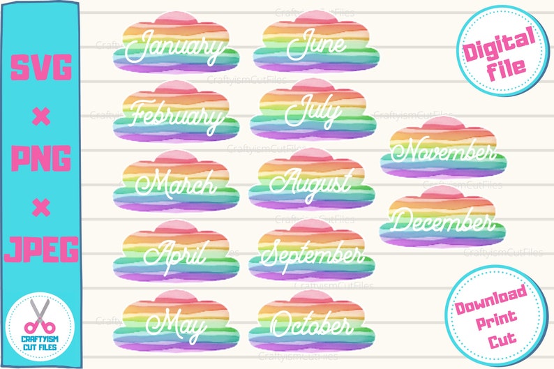 Rainbow Month Planner Stickers SVG, Printable Monthly Diary Stickers ...