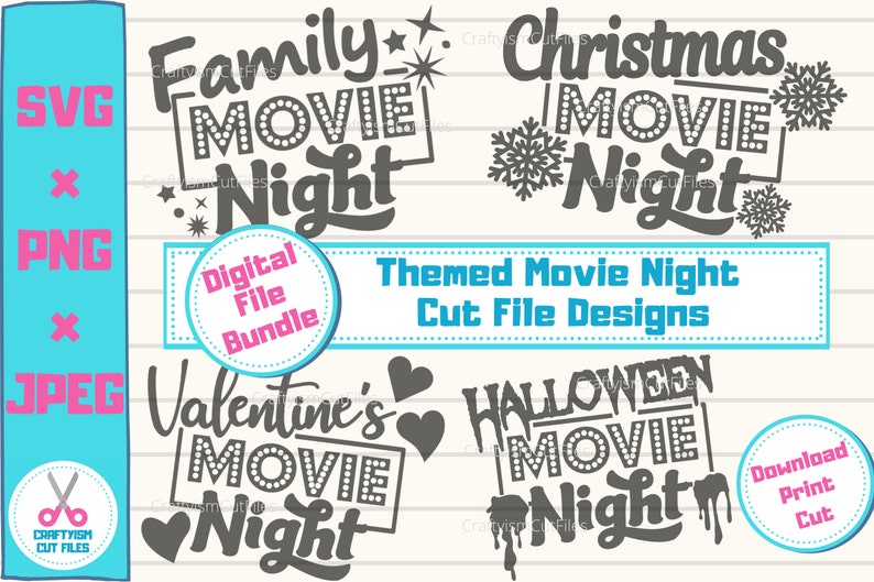 Themed Movie Night SVG Bundle, Christmas Movie, Halloween Movie Night ...