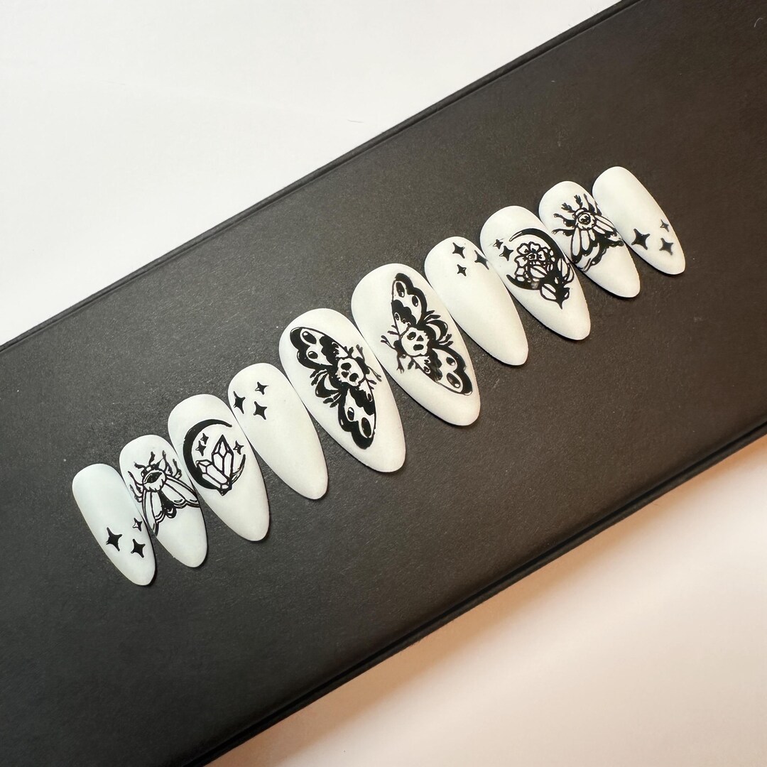 Black and White Moth Press on Nails | Set of Handpainted Halloween ...