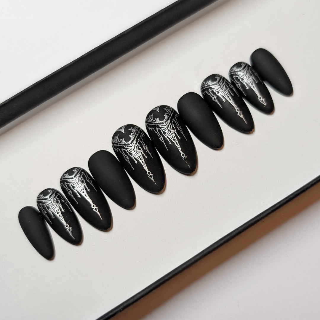 Matte Black Press on Nails With Silver Gothic Cathedral Arches Nail Art ...
