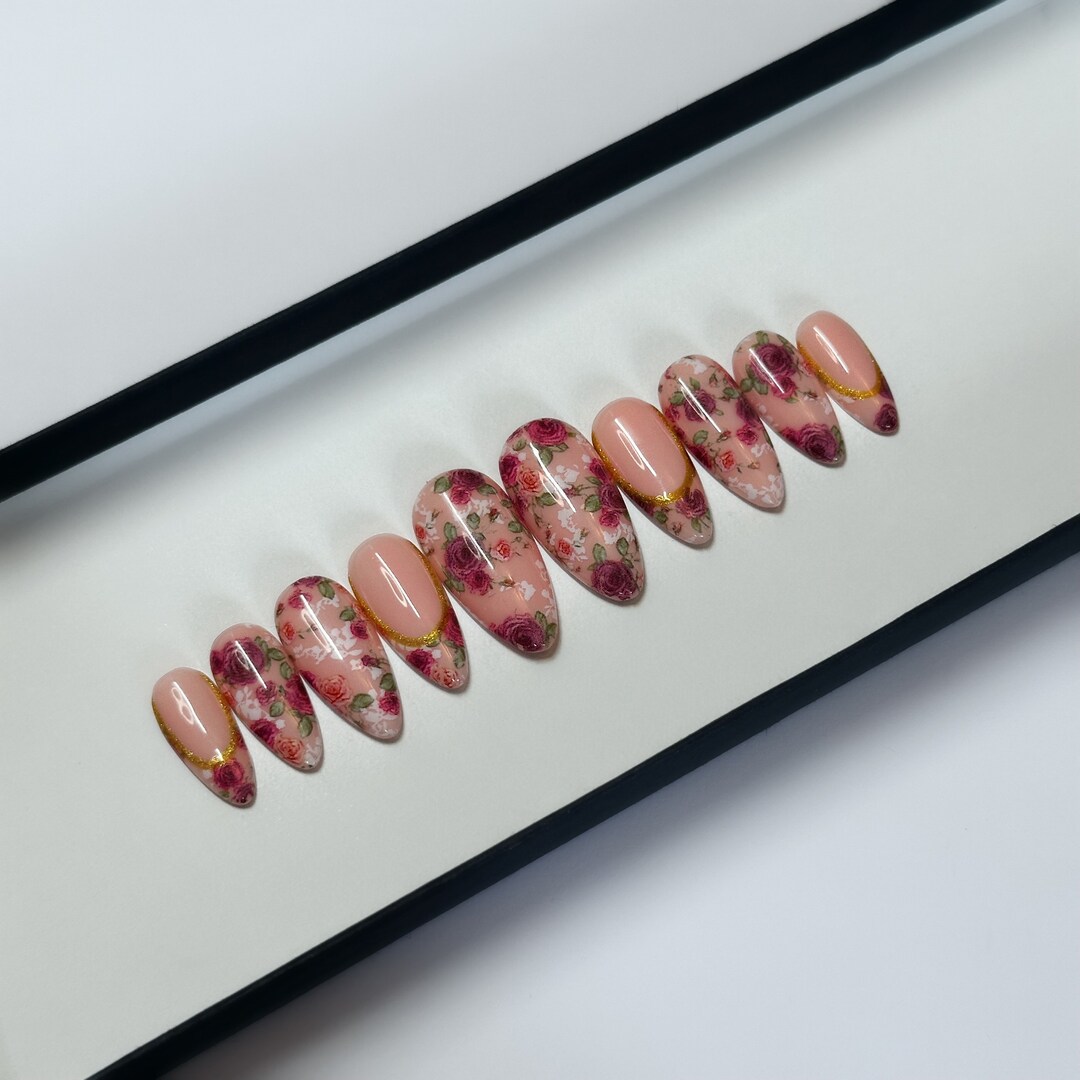 Rose Floral Press on Nails | Flower Fake Nails | False Nails | Gold ...