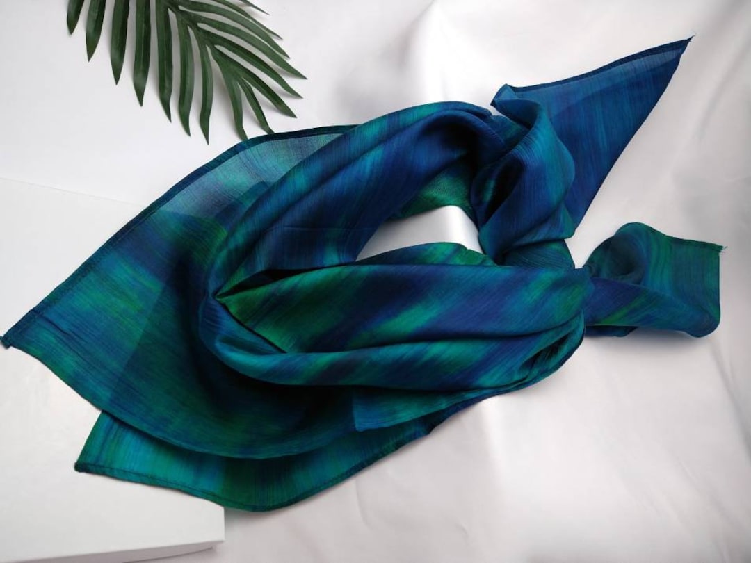 Deep Ocean Blue Silk Scarf, Peacock Blue Large Square Scarf, Raw Silk ...