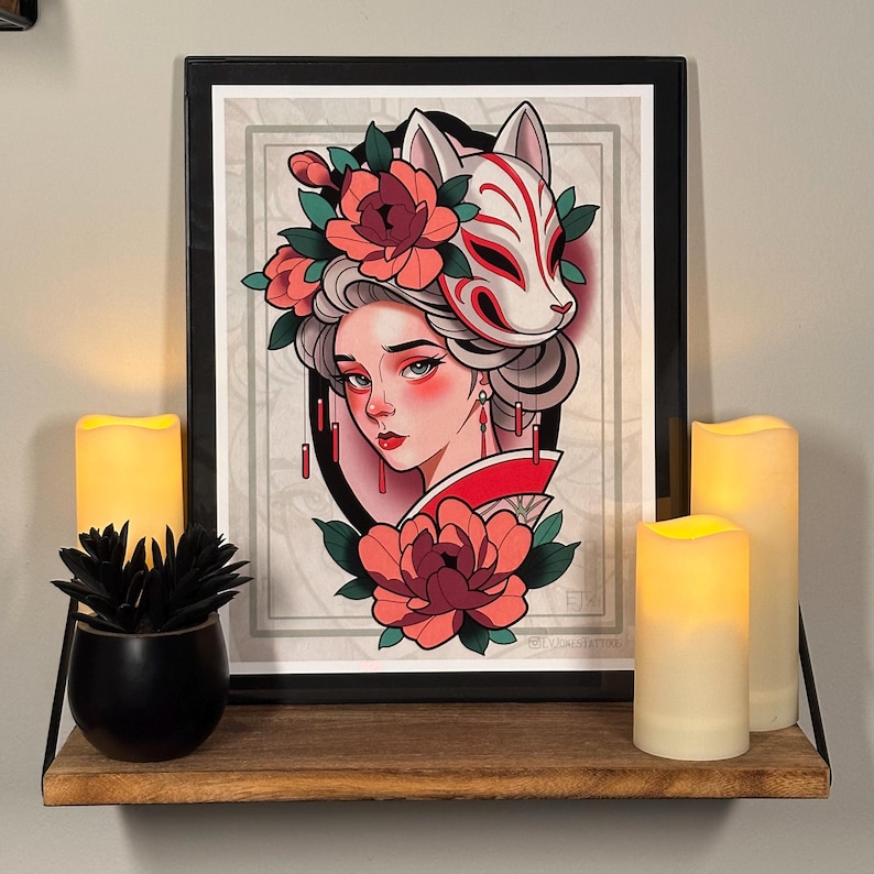 Geisha Kitsune Mask Art Print: Neo-traditional Japanese Tattoo ...