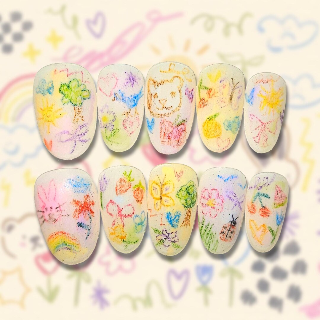 DOODLES // Sketch Doodle Colored Pencil Press on Fake Nails (APRES/LRG ...