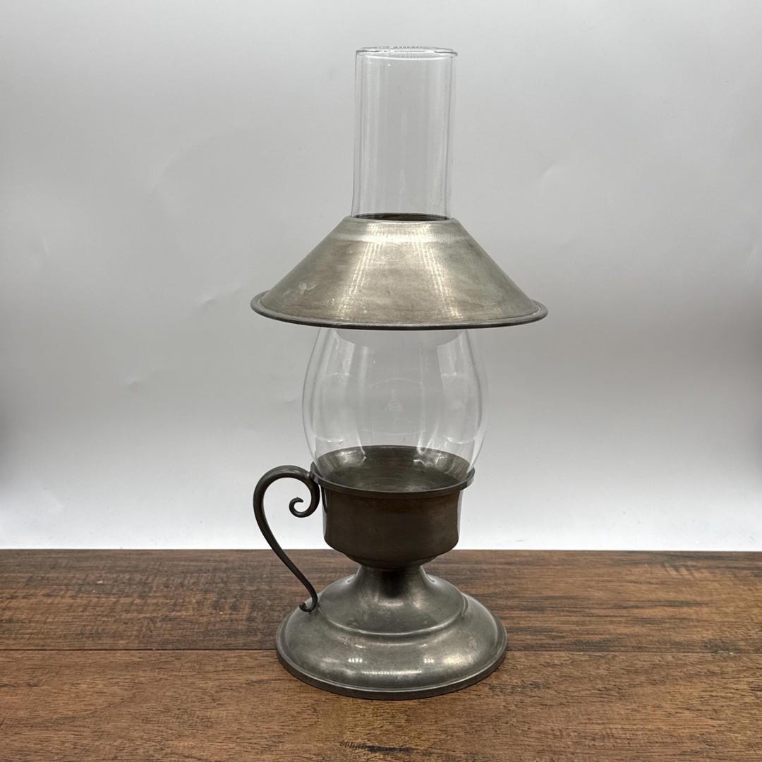 Vintage Pewter Candle Lamp With Hurricane Glass & Reflector Shade - Etsy