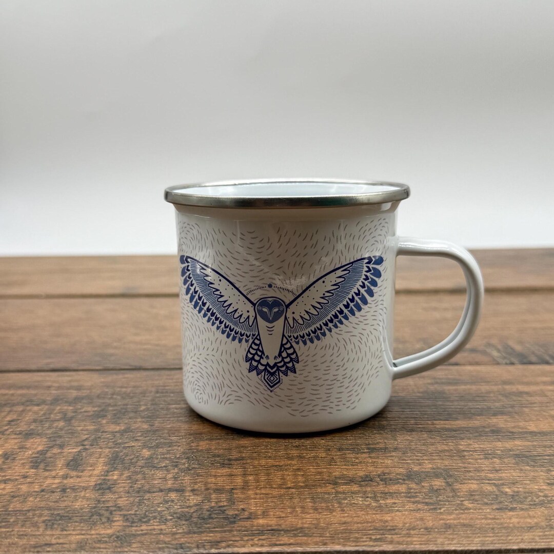 Vintage Enamel Mug – Blue Owl Mug With Purple Swirl Design, Retro ...