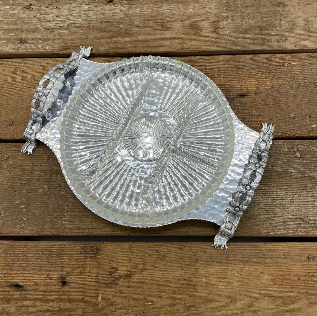 Hand Wrought Rodney Kent Creations Aluminum Tray With Glass Relish Dish ...
