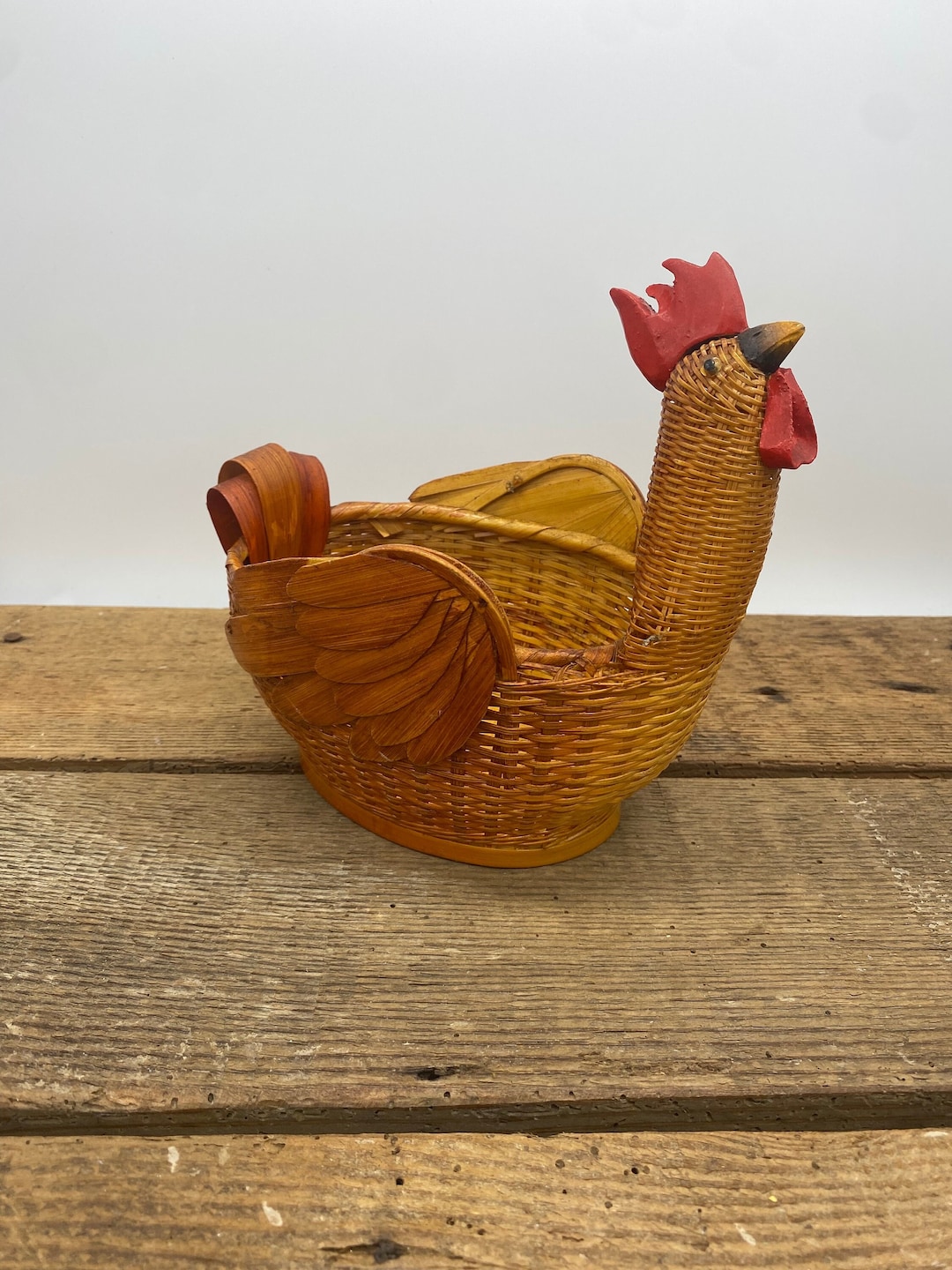 Handmade Vintage Wicker Chicken Basket With Wooden Details - Rustic ...