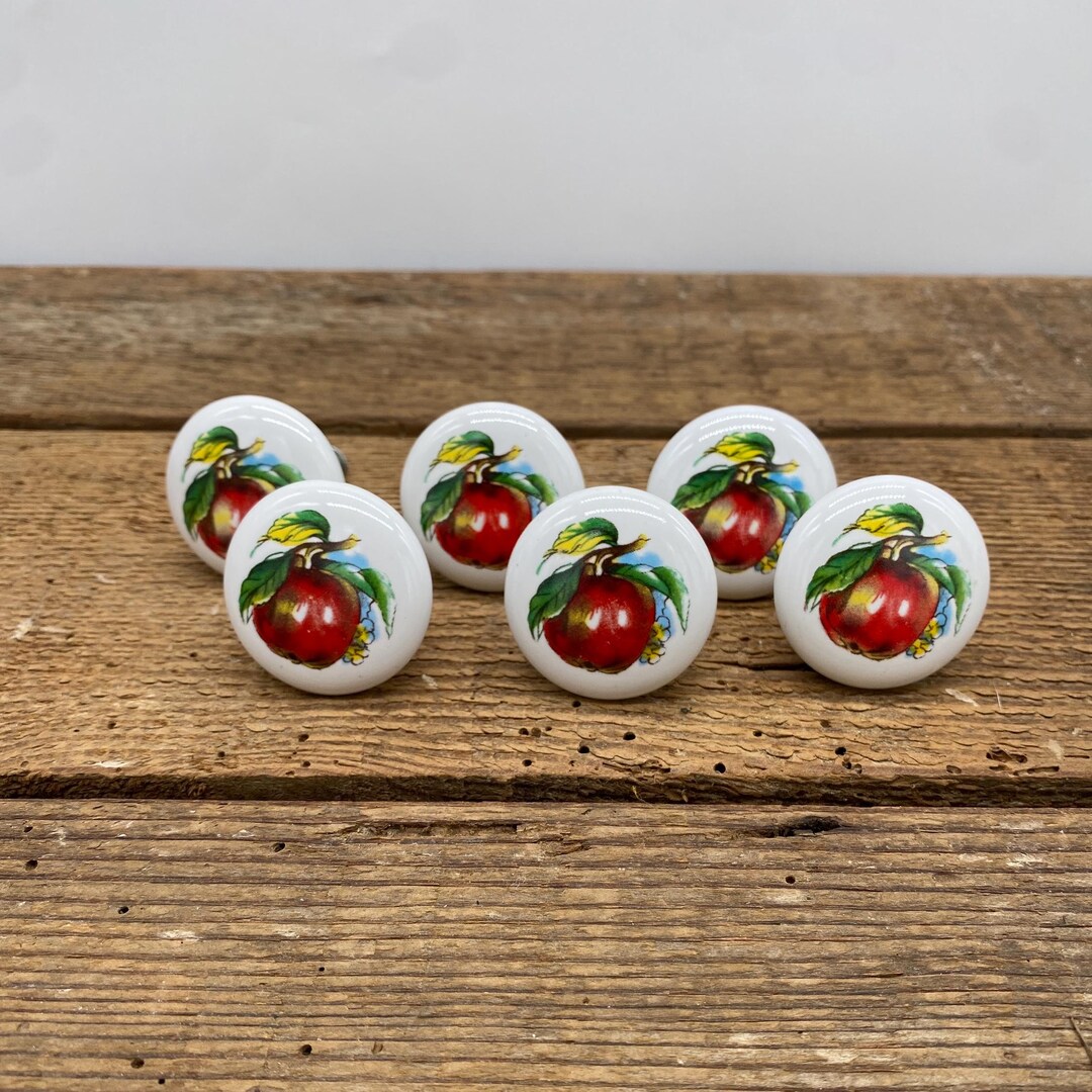 Set of 6 White Ceramic Cabinet Dresser Drawer Knobs/ Pulls With Apple ...