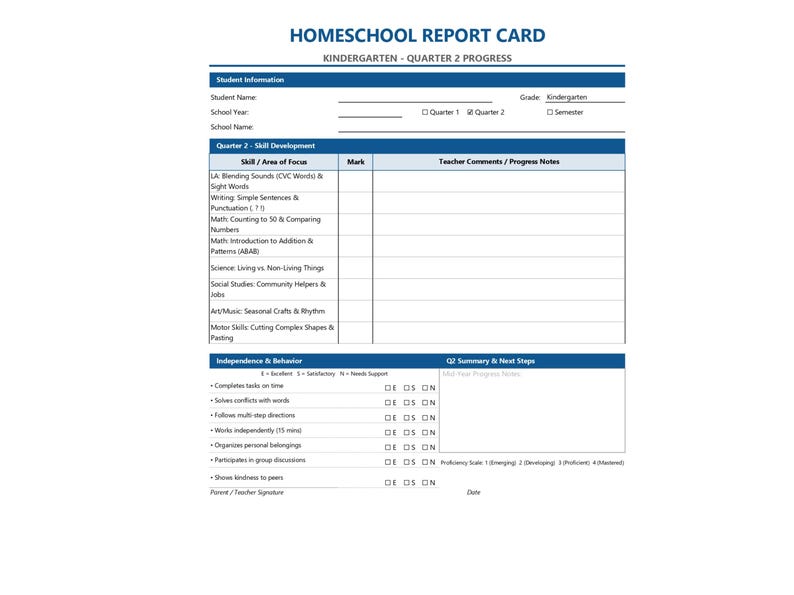 Kindergarten Homeschool Q1-Q4 - Report Card Template | Editable ...