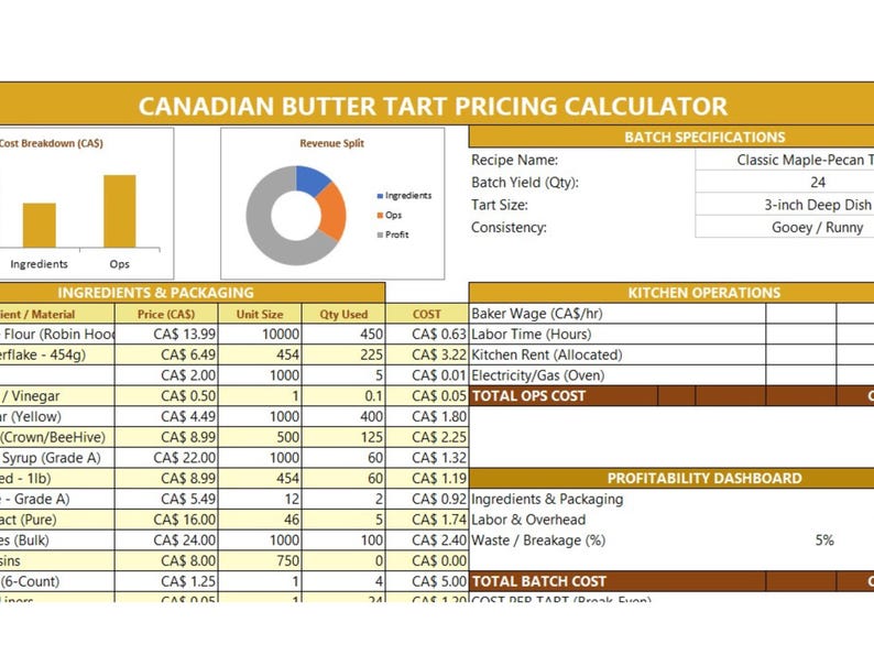 Cake Recipe Cost Calculator | Baking Business Spreadsheet (CAD ...