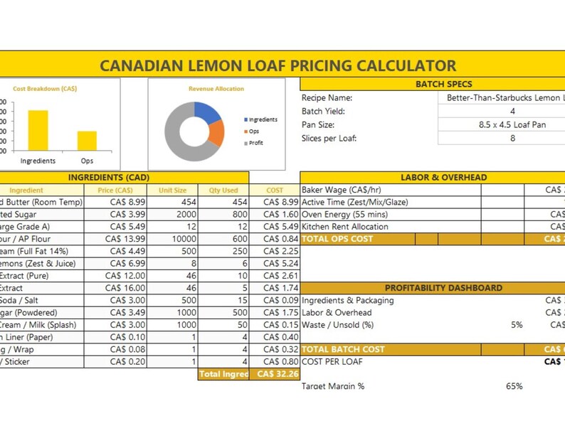 Cake Recipe Cost Calculator | Baking Business Spreadsheet (CAD ...