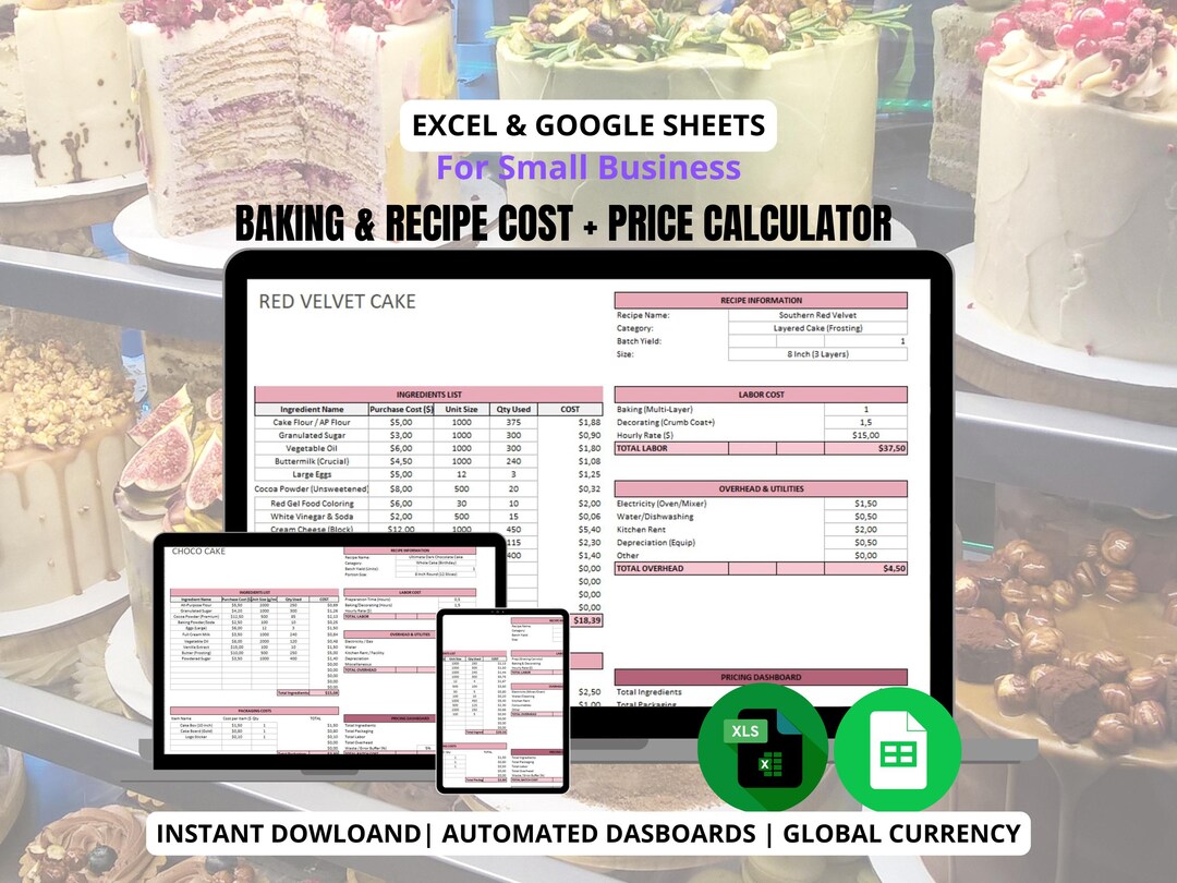 Baking Recipe Cost Calculator | 11 Cake Recipes, Pricing Spreadsheet ...