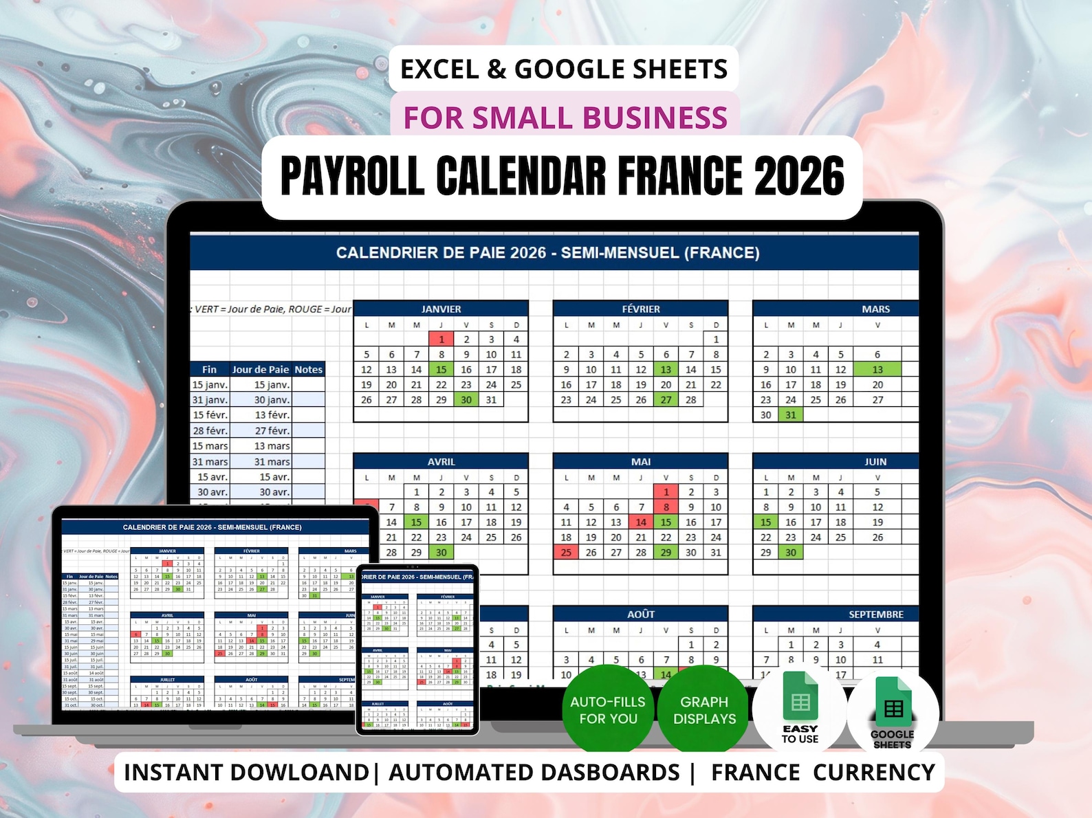 Payroll Calendar France 2026 | Weekly, Biweekly, Monthly (editable and ...
