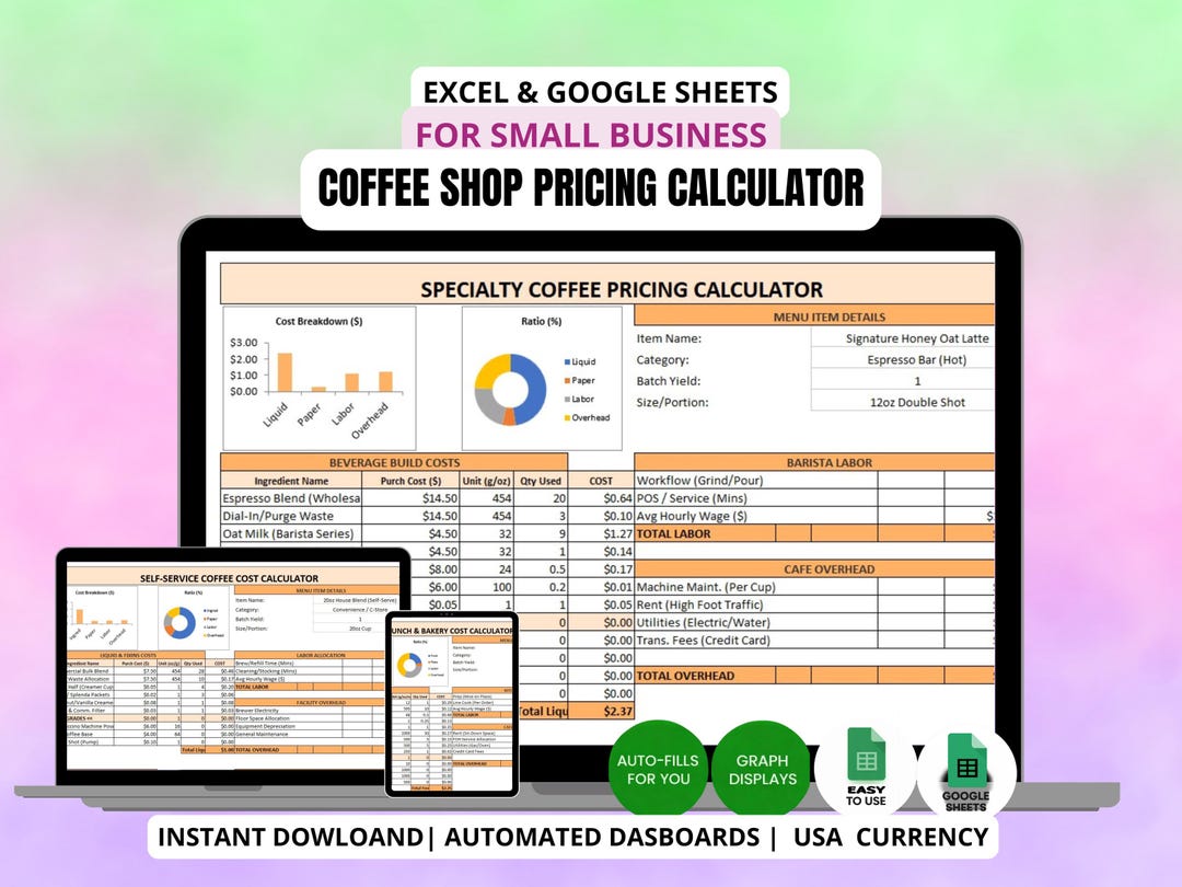 Coffee Shop Pricing Calculator Excel | Ingredients, Recipes, Cost ...