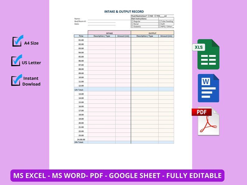 Fluids Intake and Output Record | Printable Nursing Iando Log ...