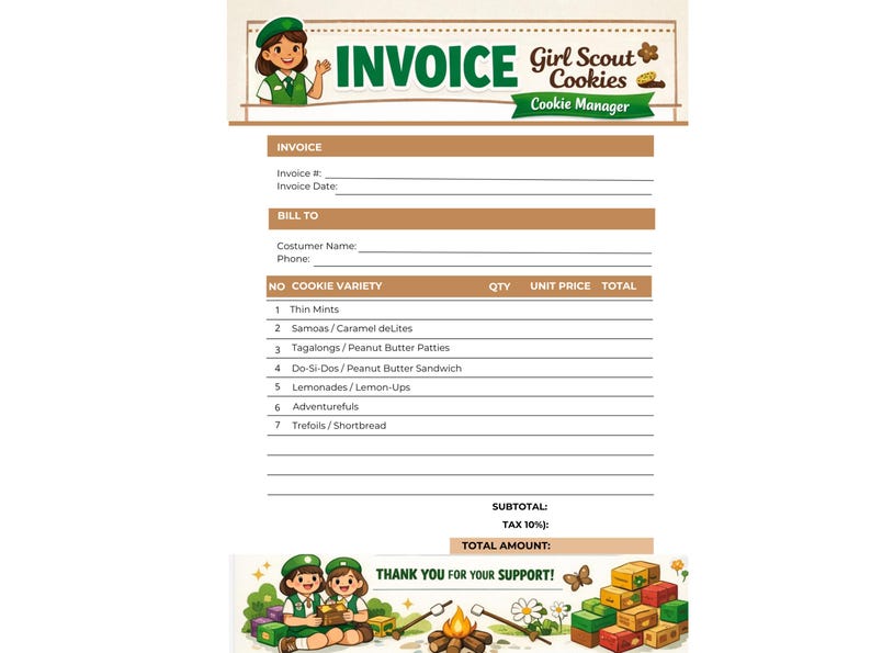 Girl Scout Cookie Invoice Template | Printable & Editable Invoice for ...