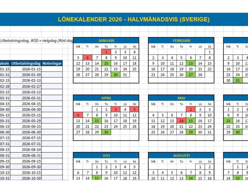 Sweden Payroll Calendar 2026 | Weekly, Bi-weekly, Monthly (digital ...