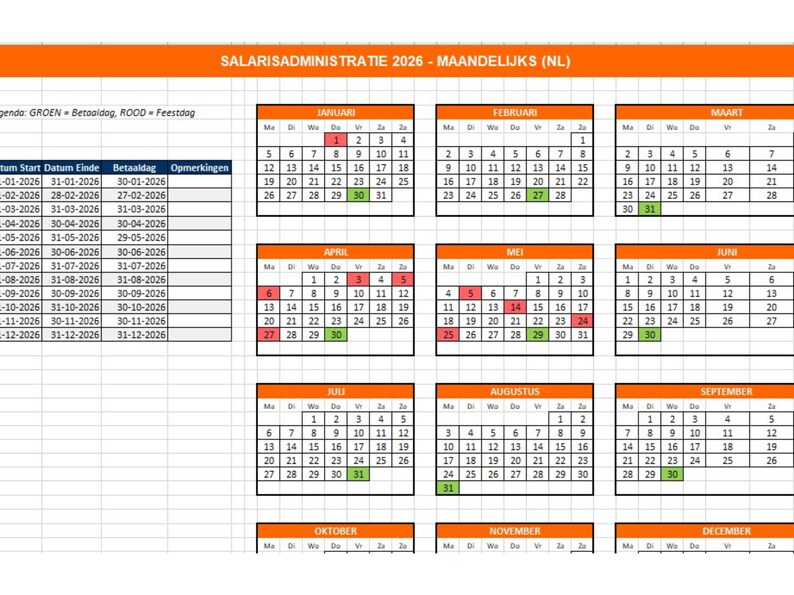 Netherlands Payroll Calendar 2026 | Weekly, Biweekly, Monthly (editable ...