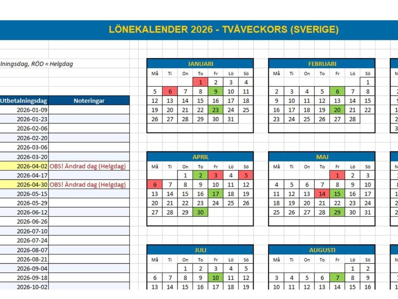 Sweden Payroll Calendar 2026 | Weekly, Bi-weekly, Monthly (digital ...