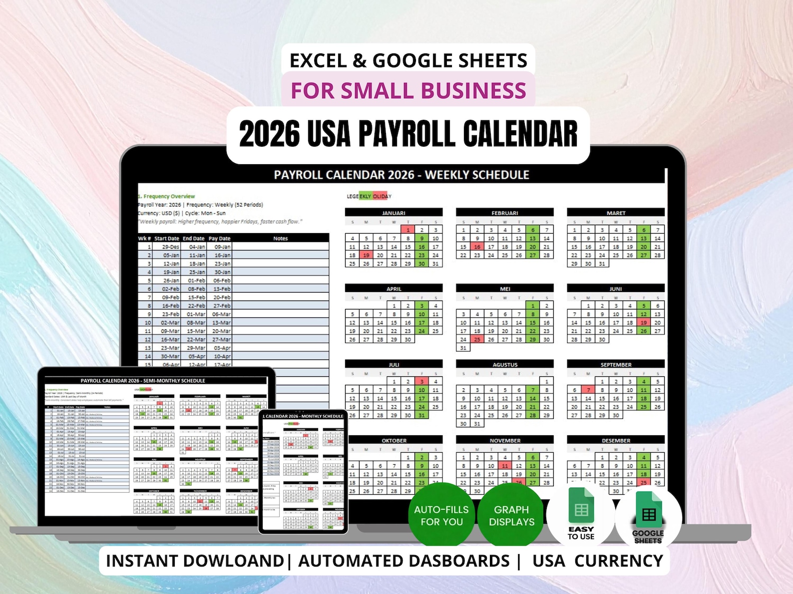 2026 USA Payroll Calendar – Bi-weekly, Weekly, Semi-monthly & Monthly ...