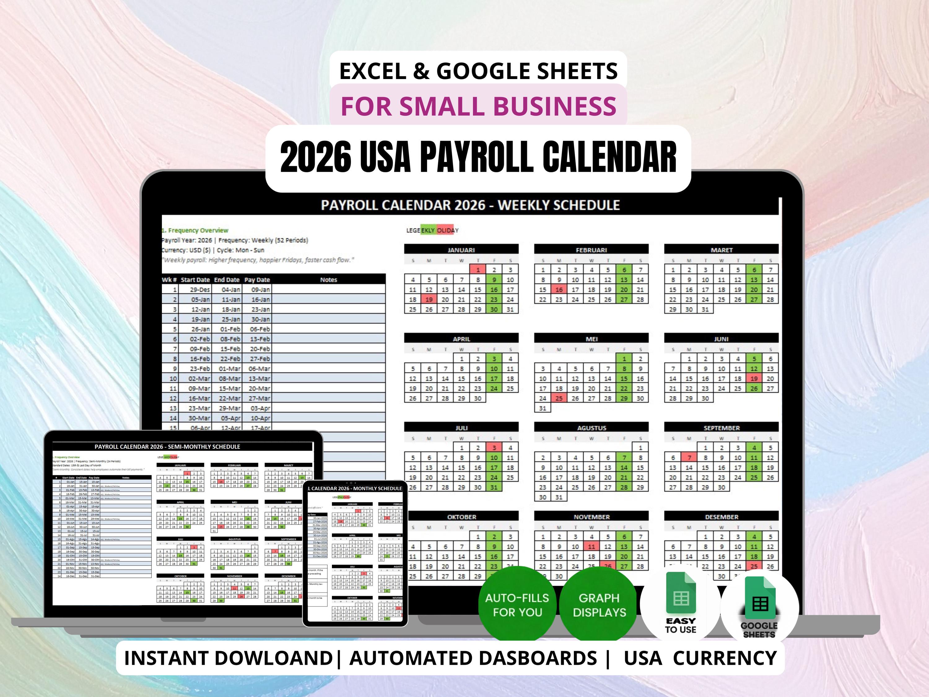 2026 USA Payroll Calendar – Bi-weekly, Weekly, Semi-monthly & Monthly ...