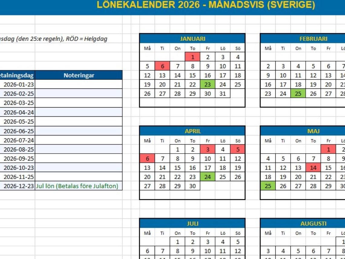 Sweden Payroll Calendar 2026 | Weekly, Bi-weekly, Monthly (digital ...