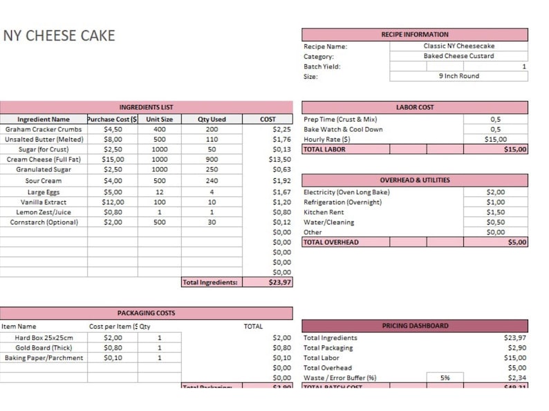 Baking Recipe Cost Calculator | 11 Cake Recipes, Pricing Spreadsheet ...