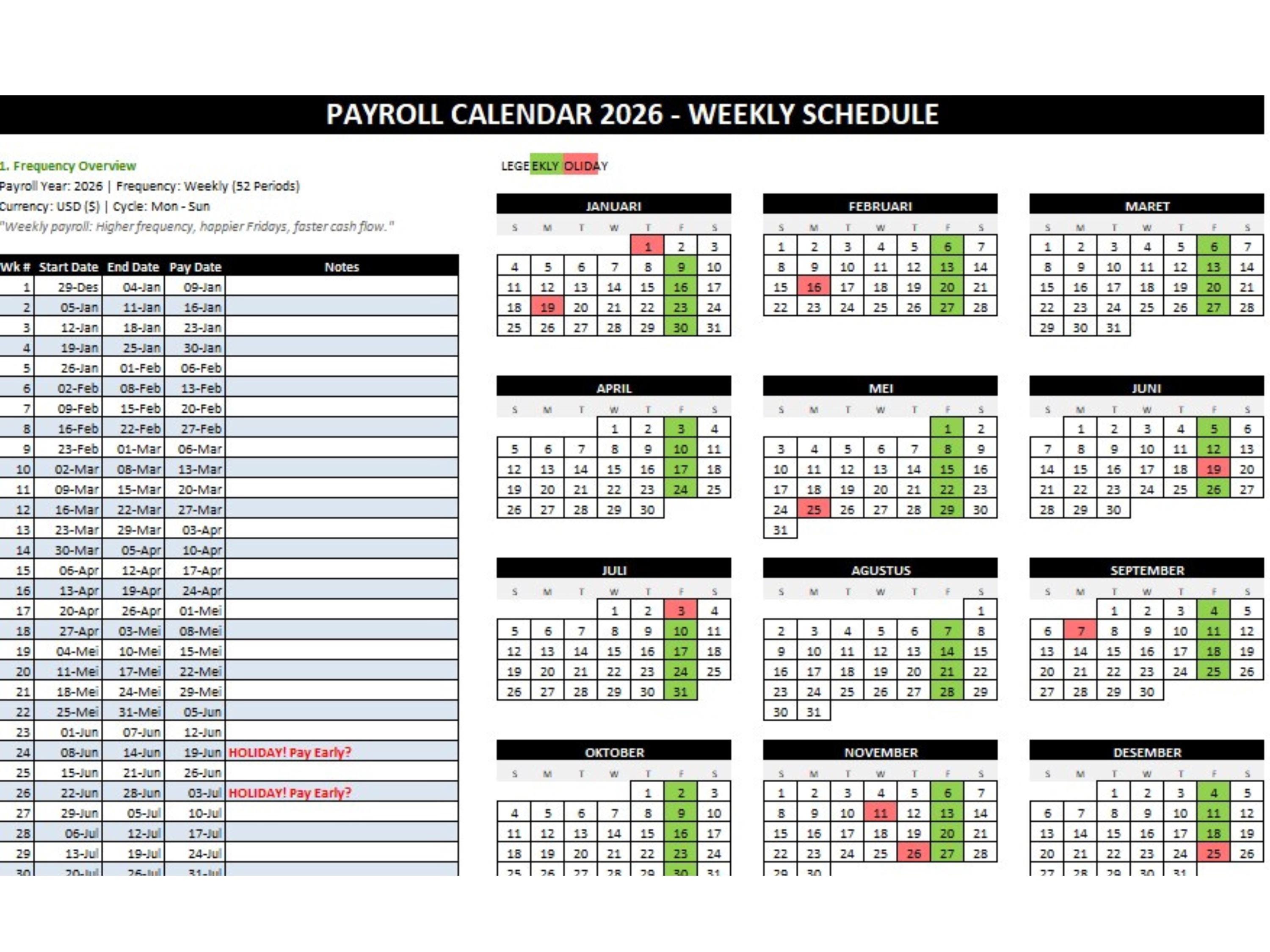 2026 USA Payroll Calendar – Bi-weekly, Weekly, Semi-monthly & Monthly ...