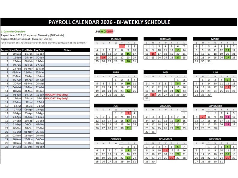 2026 USA Payroll Calendar – Bi-weekly, Weekly, Semi-monthly & Monthly ...