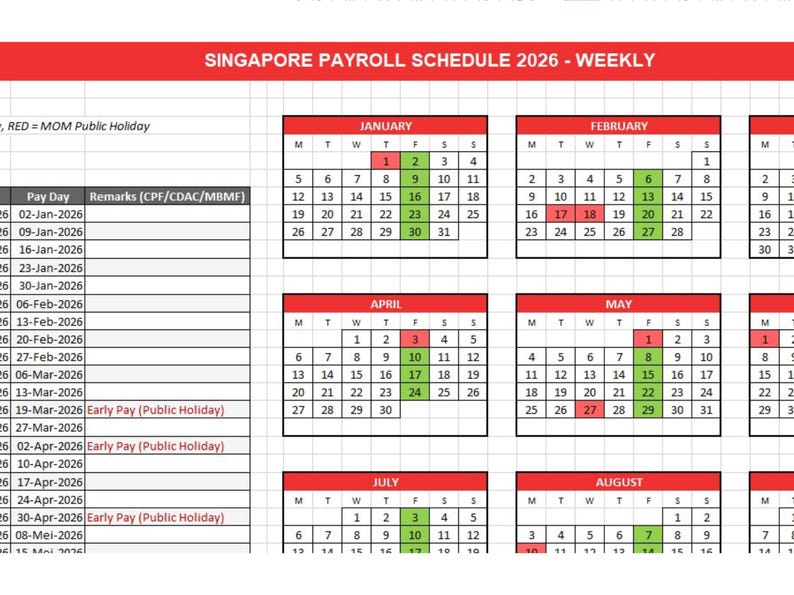 Singapore Payroll Calendar 2026 | Weekly, Bi-weekly, Monthly (digital ...