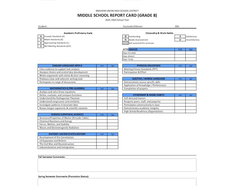 Middle School Report Card Template (grades 6-8) – Editable Excel & Word ...