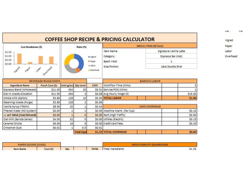 Coffee Shop Pricing Calculator Excel | Ingredients, Recipes, Cost ...
