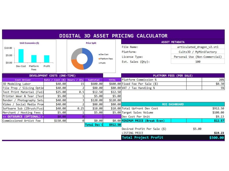 3D Printing Pricing Calculator Excel | Business Cost & Profit ...