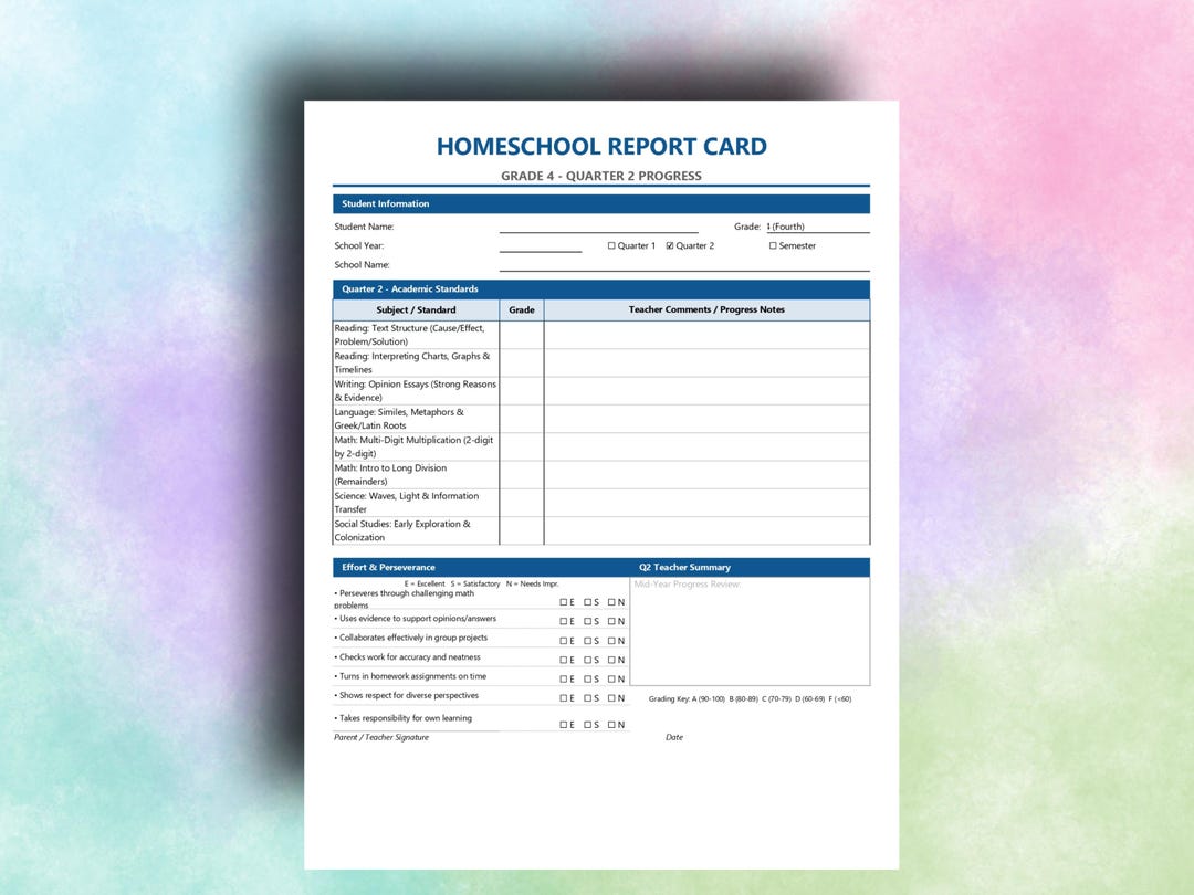 Grade 4 Elementary Homeschool Q1-Q4 - Report Card Template | Editable ...