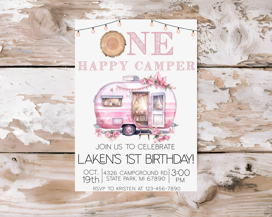 One Happy Camper - Birthday Invitation - First Birthday - 1st - Vintage Camper - Glamping - Pink ...
