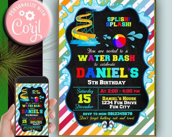 Splash Water Slide Waterslide Bash Birthday Pool Party Invitation PINK ...