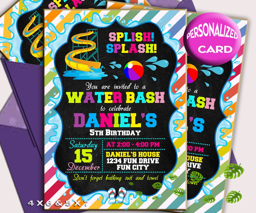 Splash Water Slide Waterslide Bash Birthday Pool Party Invitation PINK ...