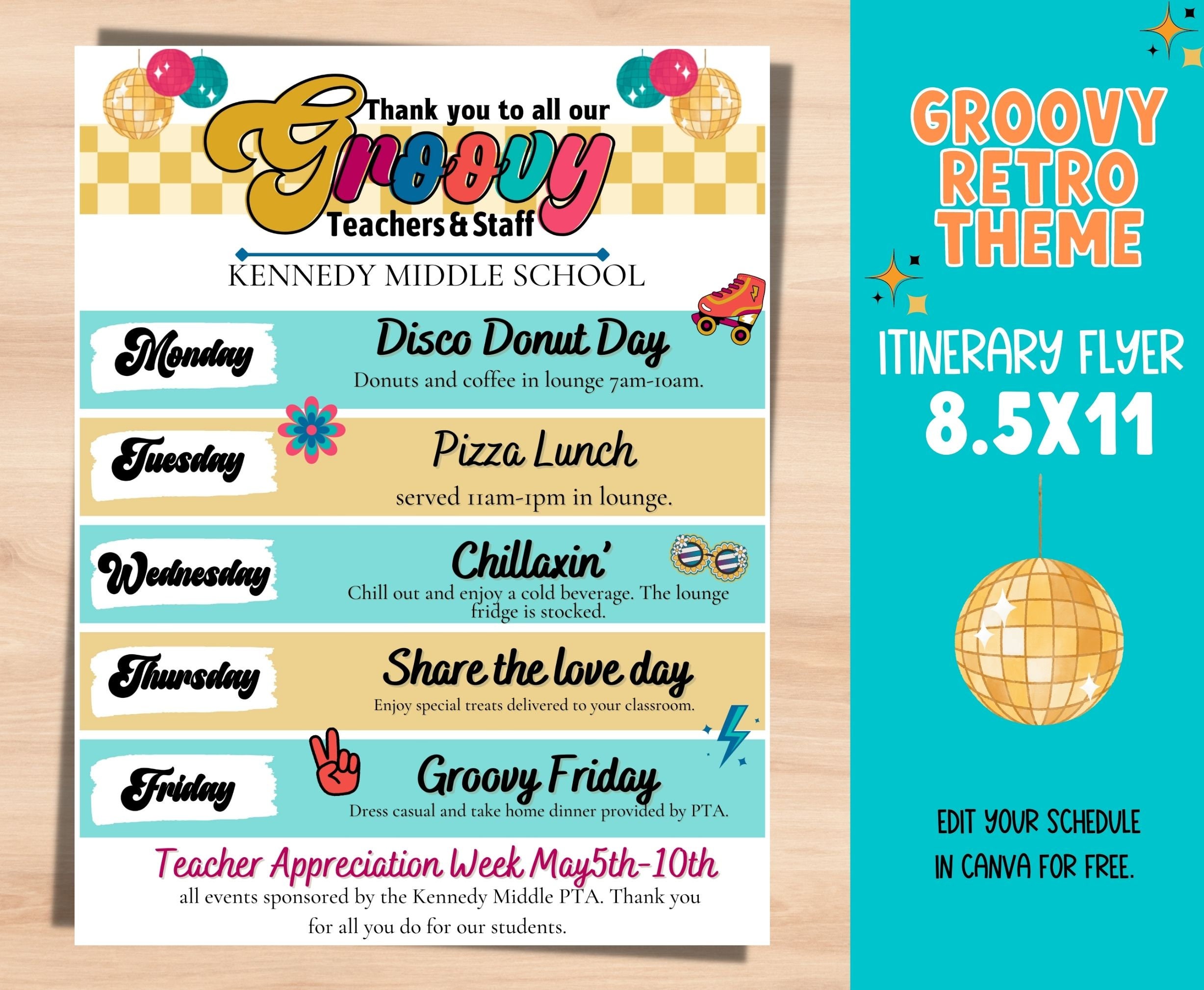 Groovy Retro Teacher Appreciation Week Itinerary. Flyer Template for ...