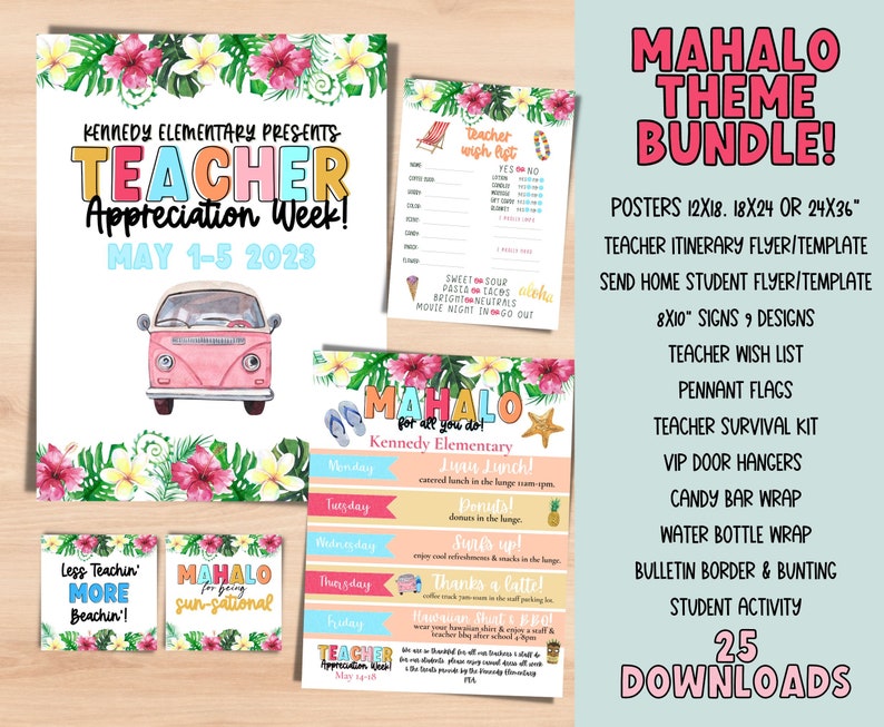 Beach Theme Teacher Appreciation Week Bundle Printable Signs, Gift Tag ...