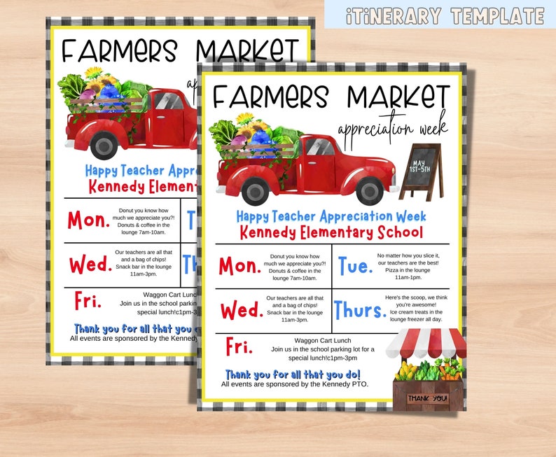 Farmers Market Teacher Appreciation Week Itinerary. Flyer - Etsy