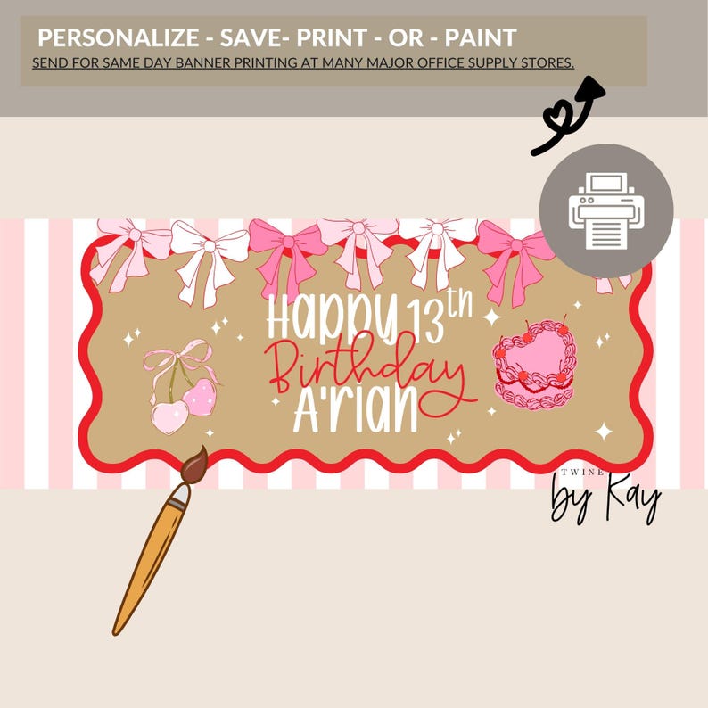 2x6 EDITABLE Cherry Cake Teen Girl Banner and Border Templates Digital ...