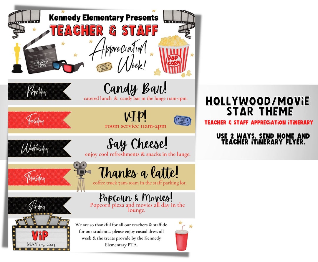 Hollywood Movie Star Teacher Appreciation Week Itinerary. Flyer ...