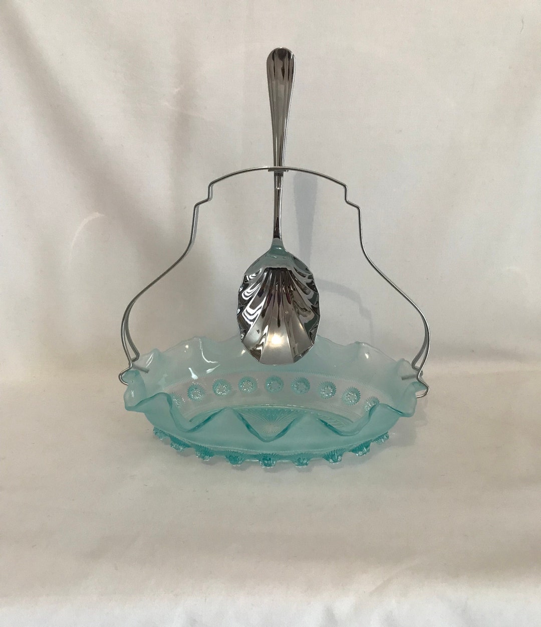 Antique Vintage Blue Nut Relish Dessert Dish Metal Handle & Spoon ...