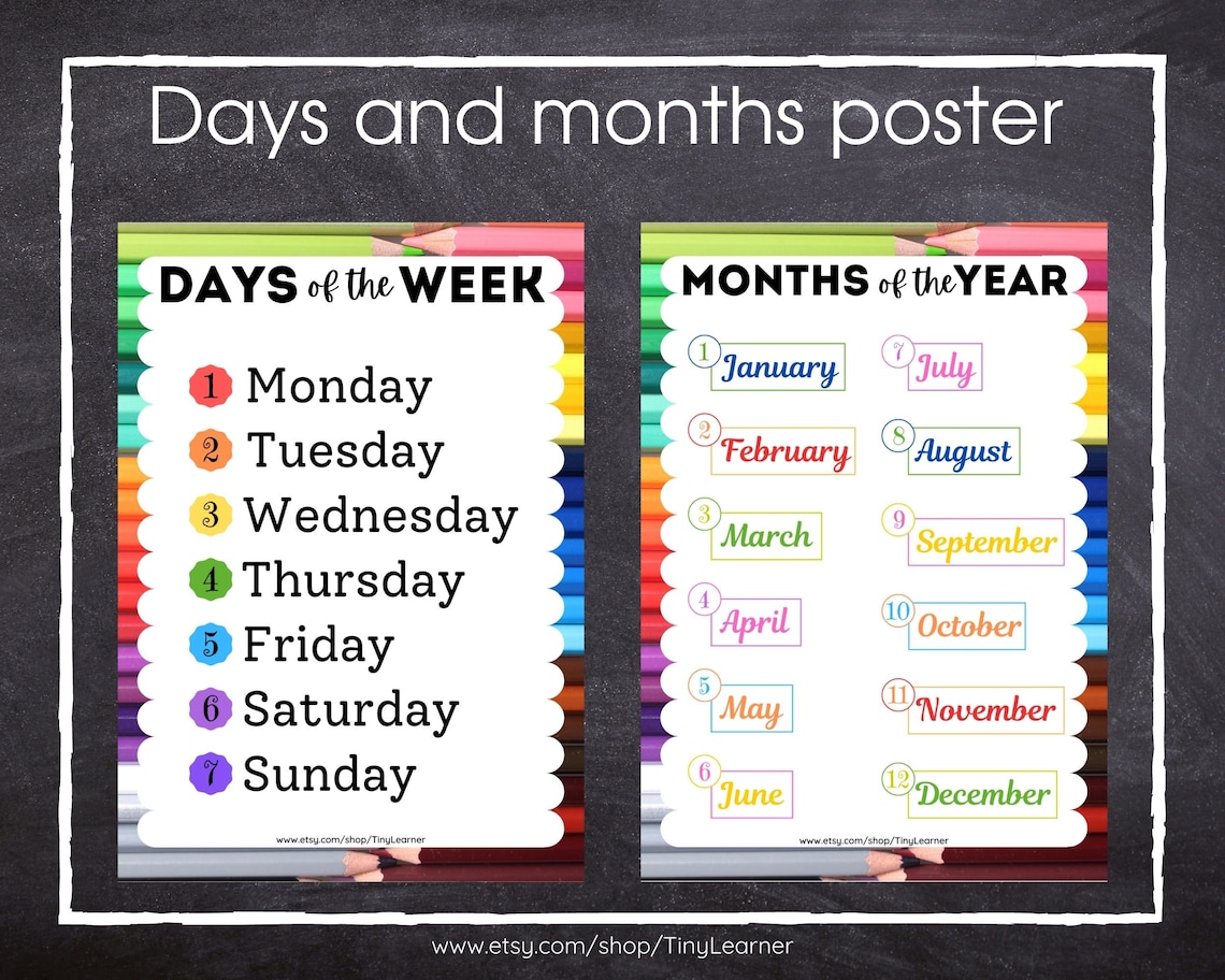 Days and Months Poster Days of the Week Chart Months of the Year Chart ...
