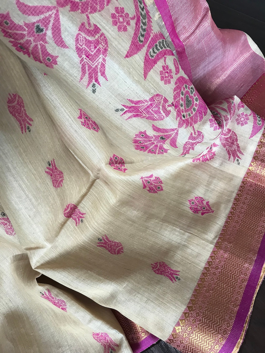 Handloom Tussar Silk Saree in Natural Colour With Magenta Borders and ...