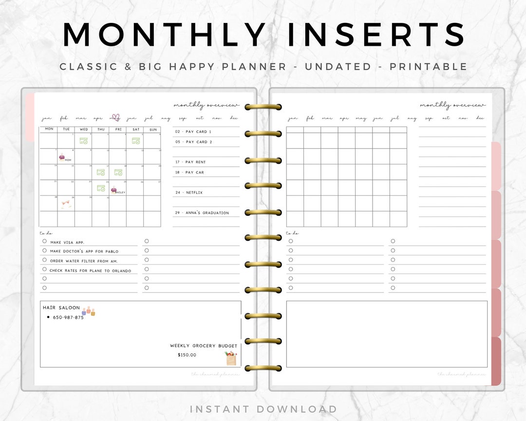 Monthly Planner, Minimalist Inserts, Happy Planner, Goals, at a Glance ...