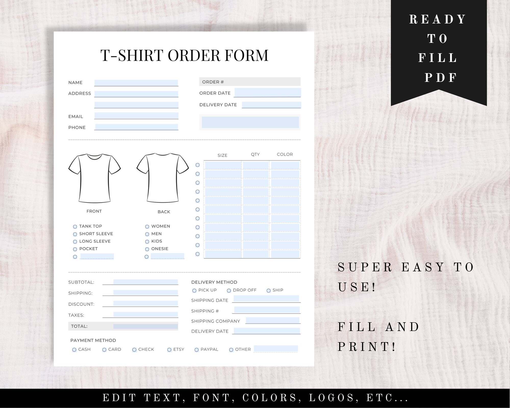 Shirt Order Form Template Canva Customizable Form Printable Small Store ...