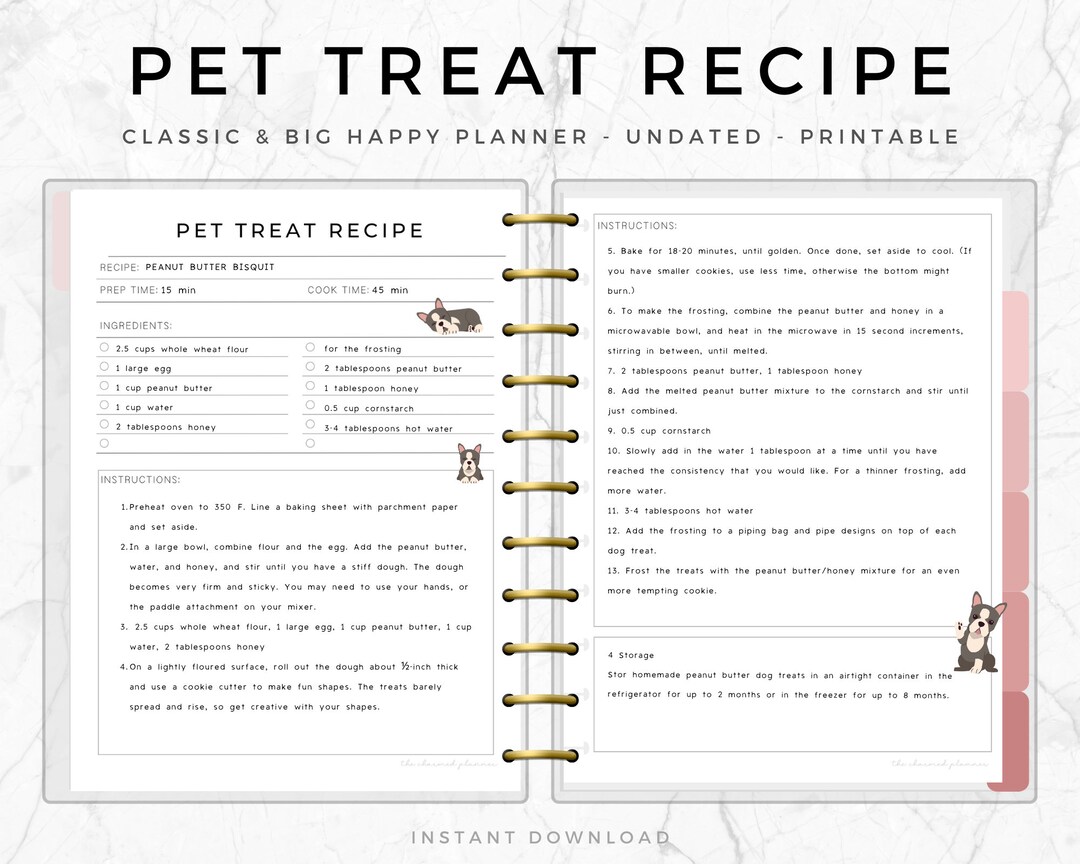 Pet Treat Recipe Planner, Happy Planner, Printable Dog Care, Pet ...