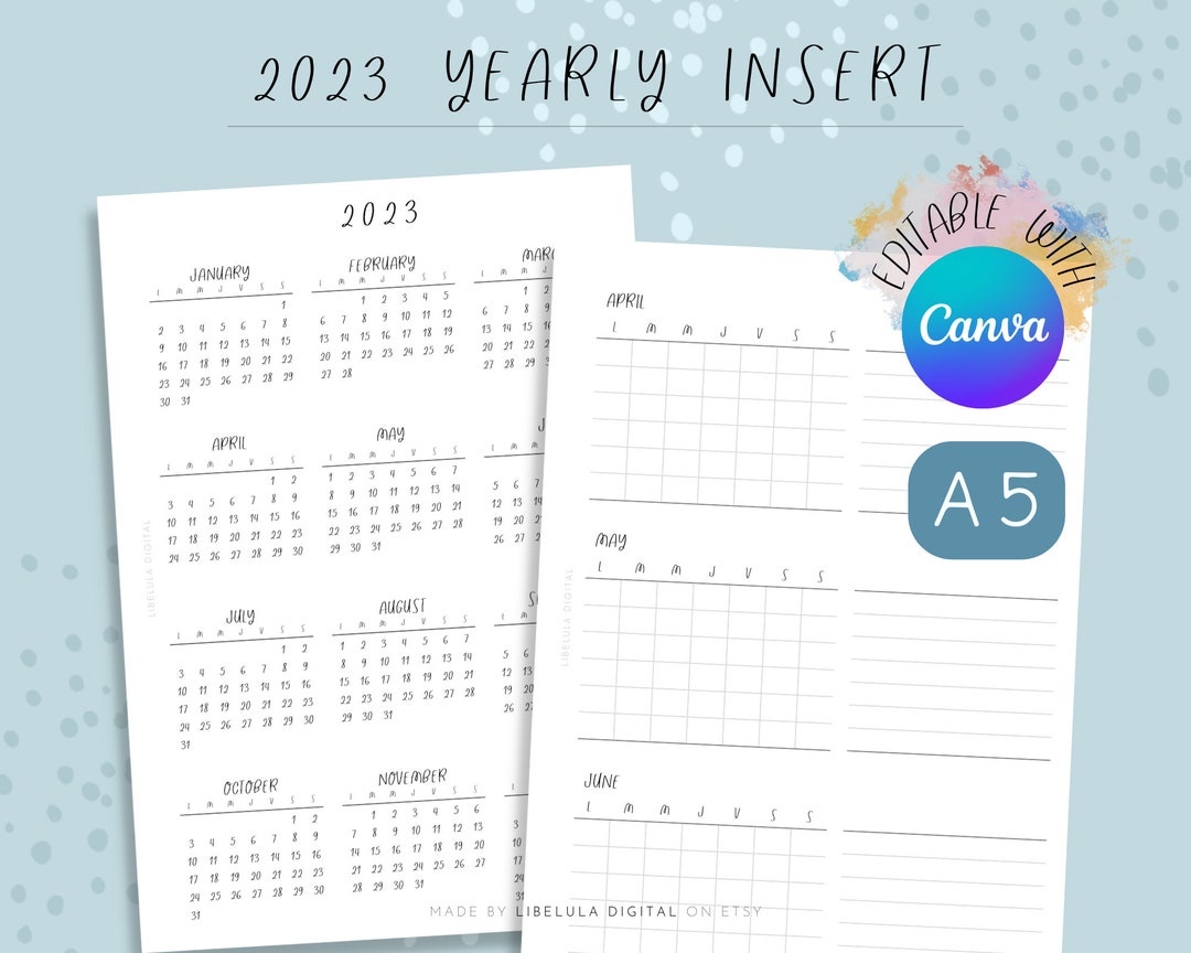 2023 2024 Yearly Calendar, A5 Planner Refill, Canva Template ...